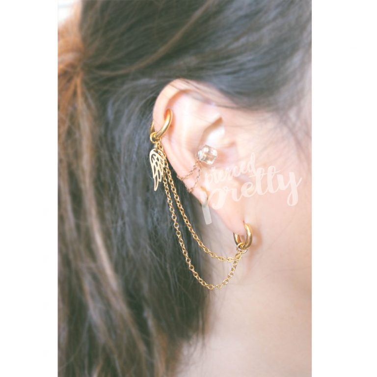 Wing helix to lobe double chain hoop earring, 18g ear cartilage ...