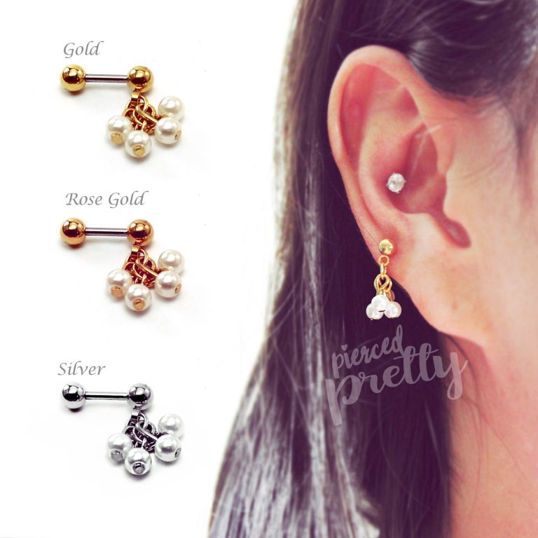 Pearl dangle cartilage earring, Helix Tragus ear stud labret, 20g 16g ...