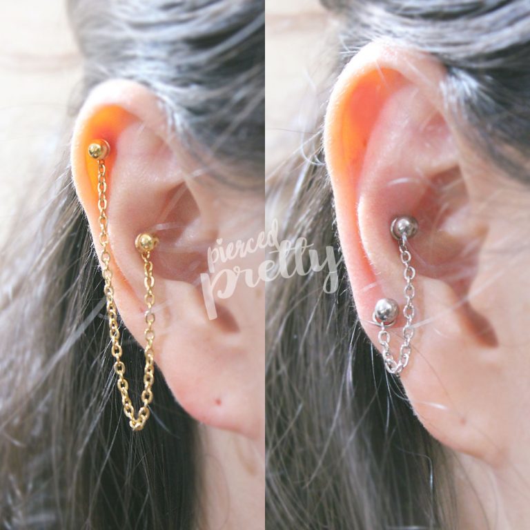 16g 14g Two hole helix to lobe chain earring, Conch ear cartilage chain ...
