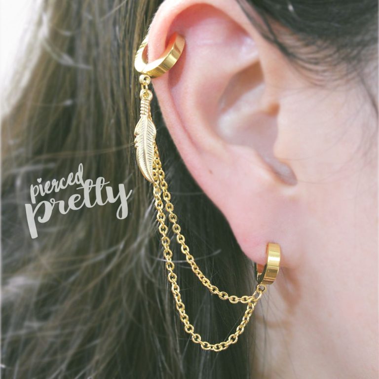 Helix to lobe feather hoop chain earring, helix double chain hoops, ear ...