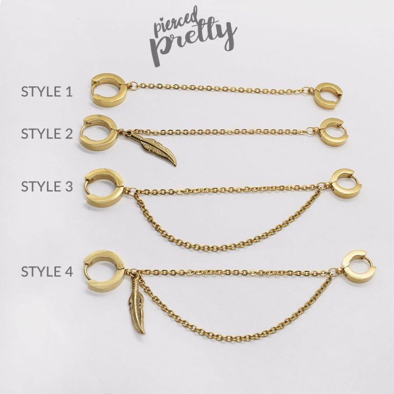 Helix to lobe feather hoop chain earring, helix double chain hoops, ear ...