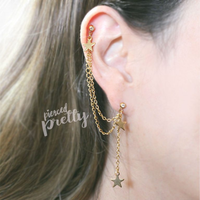 20g 16g Star dangle helix to lobe double chain earring, Two holes chain ...
