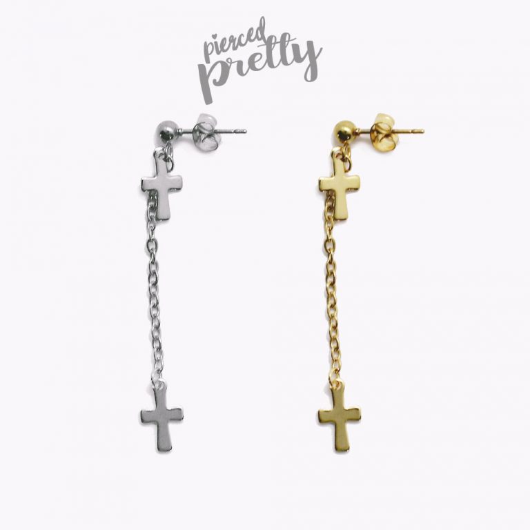16g 20g Cross dangle chain earrings, 316l / 304 Stainless steel, Long ...