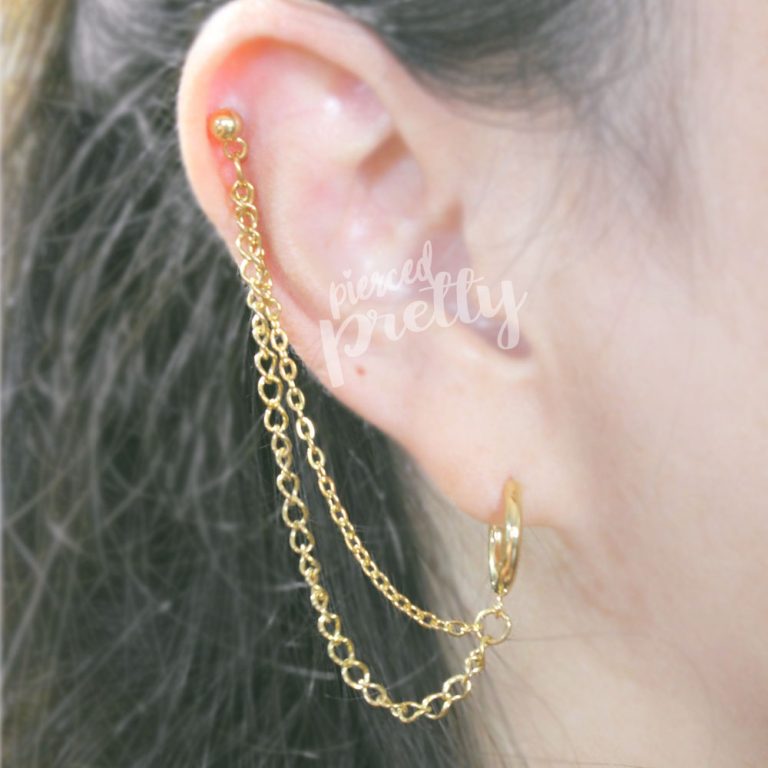 18g 16g Helix to lobe hoop double chain earring, Ear cartilage chain ...